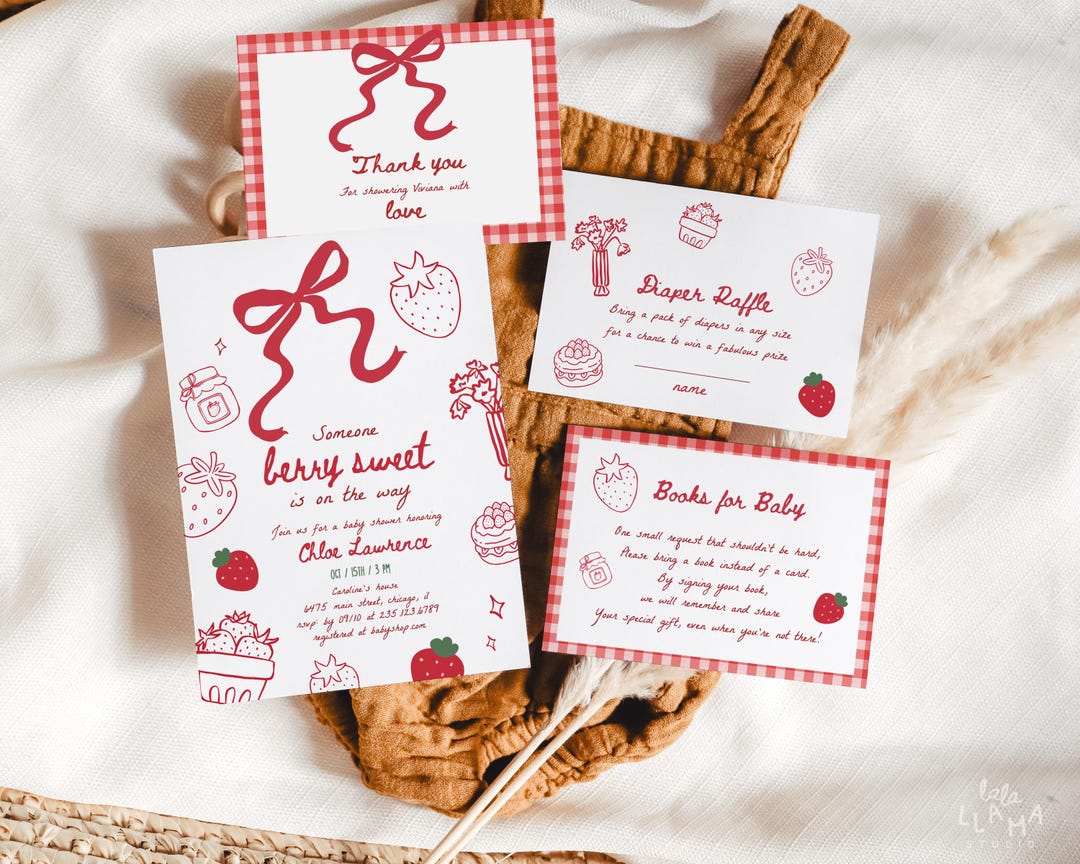 Coquette Strawberry Baby Shower Invitation Set: Editable Templates ...
