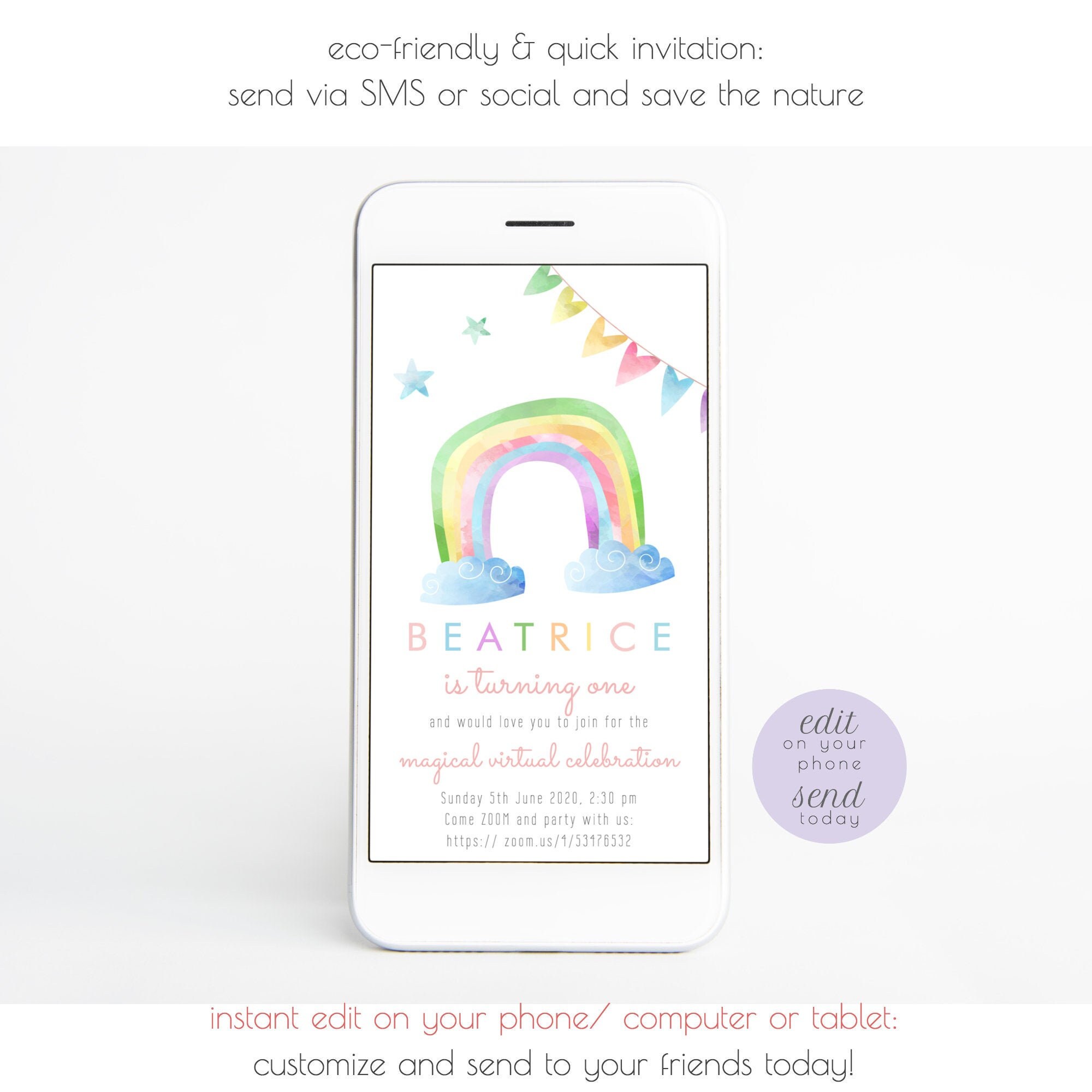 Virtual Birthday Invitation Electronic Rainbow Invite | Etsy