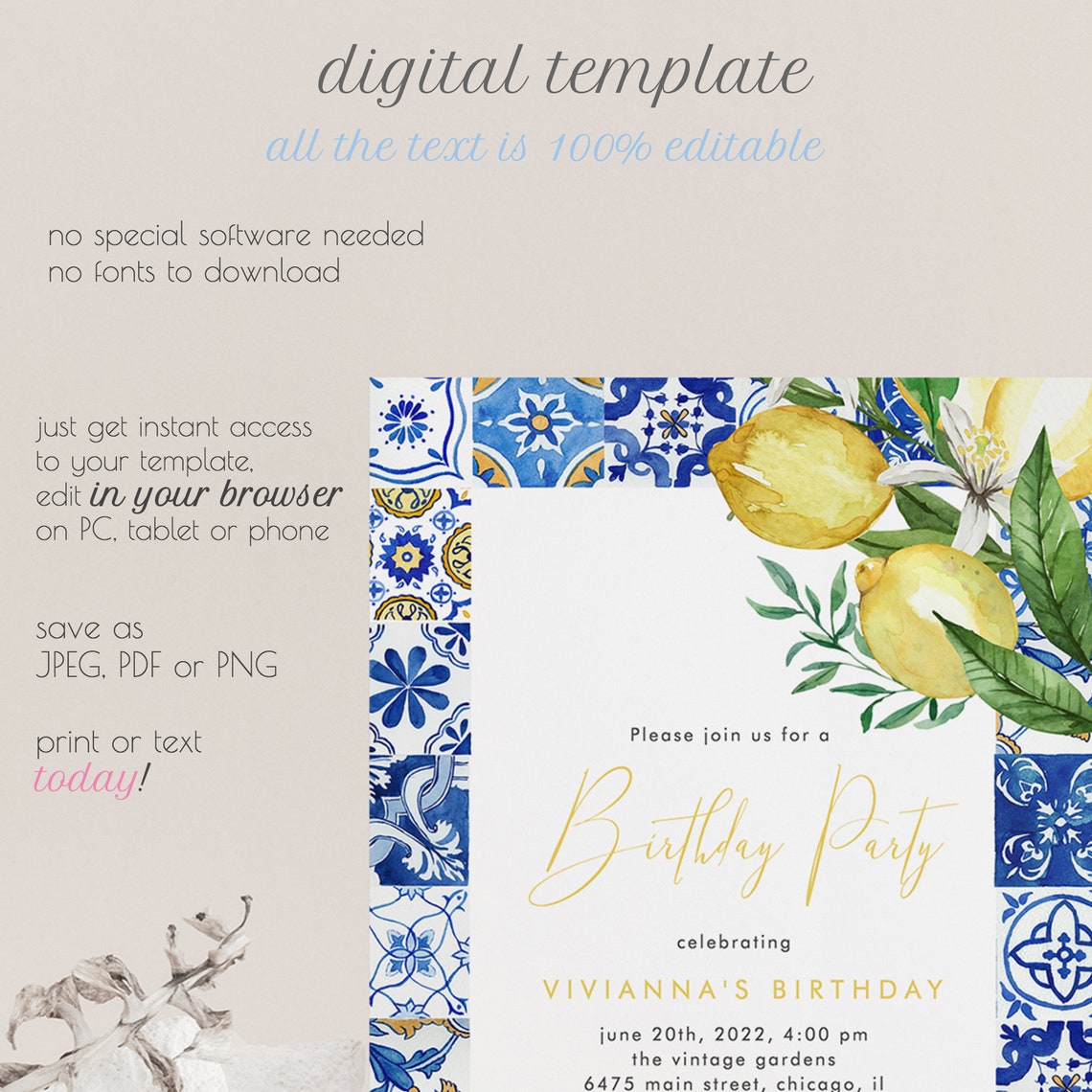Blue Tiles Lemon Birthday Invitation Template Positano - Etsy