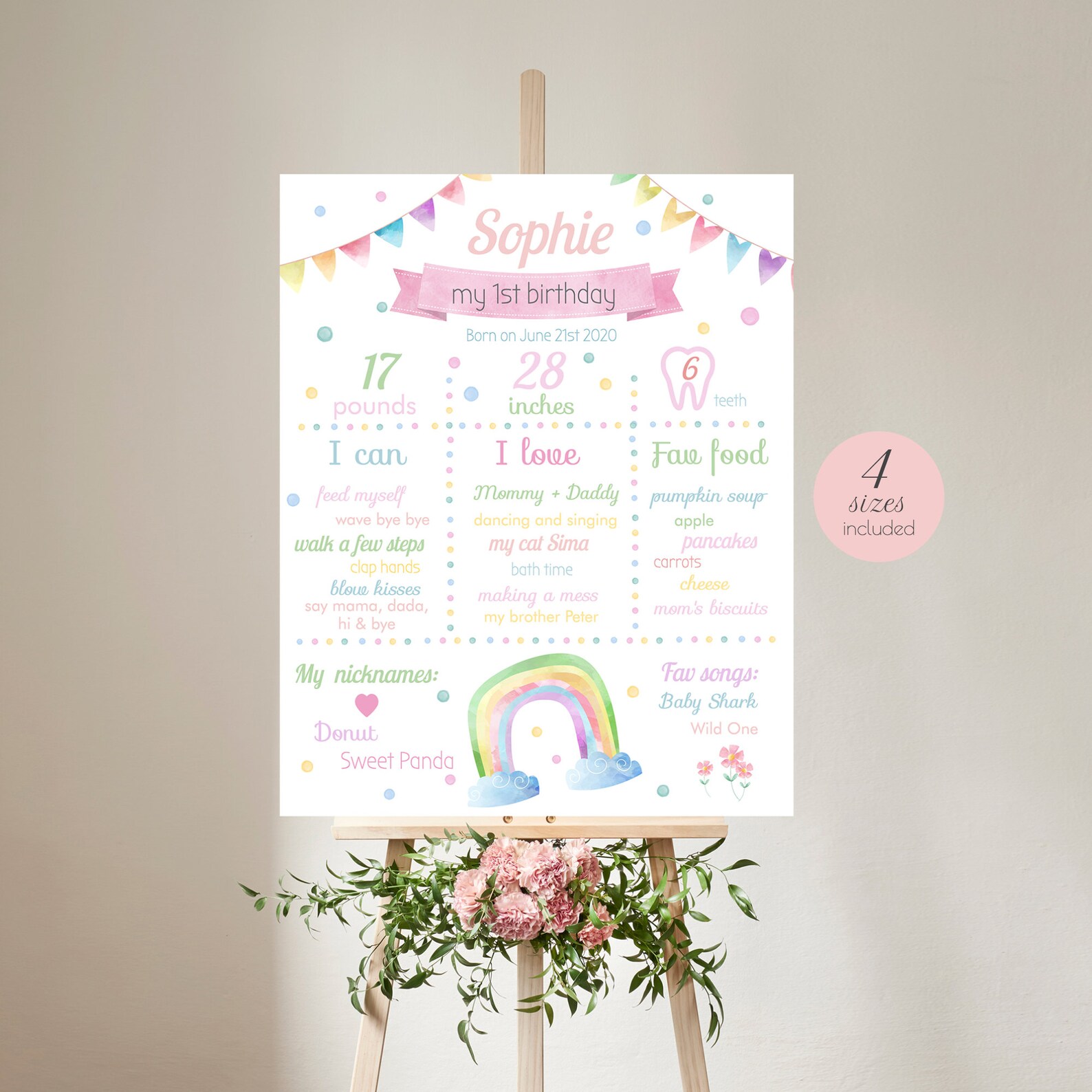 Rainbow First Birthday Milestones Board Printable Pastel | Etsy