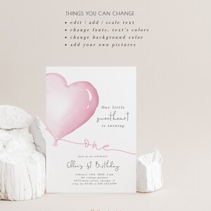 Editable Valentine's Heart Birthday Invitation, Sweetheart Balloon 1st ...