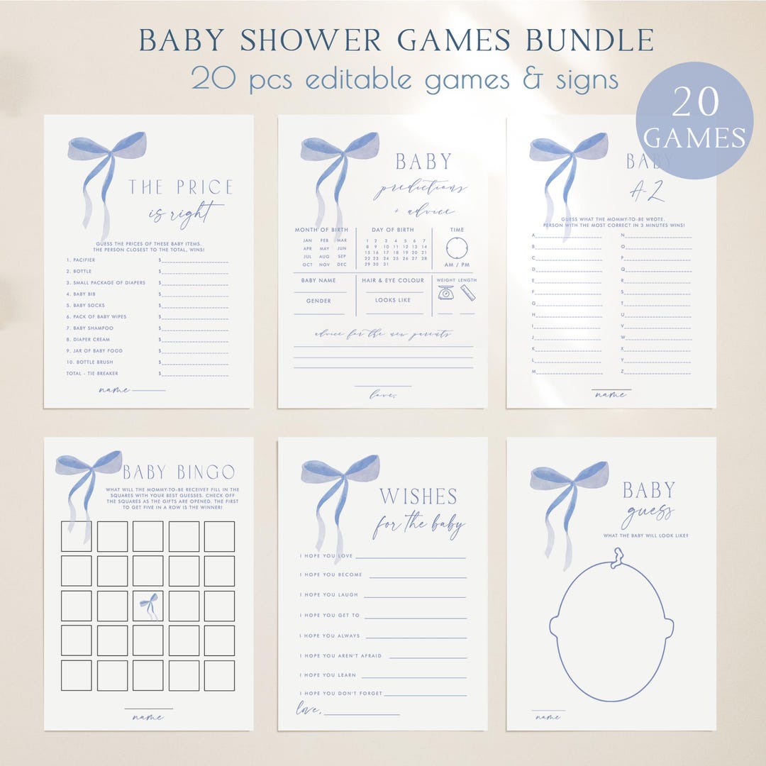 Blue Bow Baby Shower Game Bundle Editable, Blue Coquette Baby Sprinkle ...