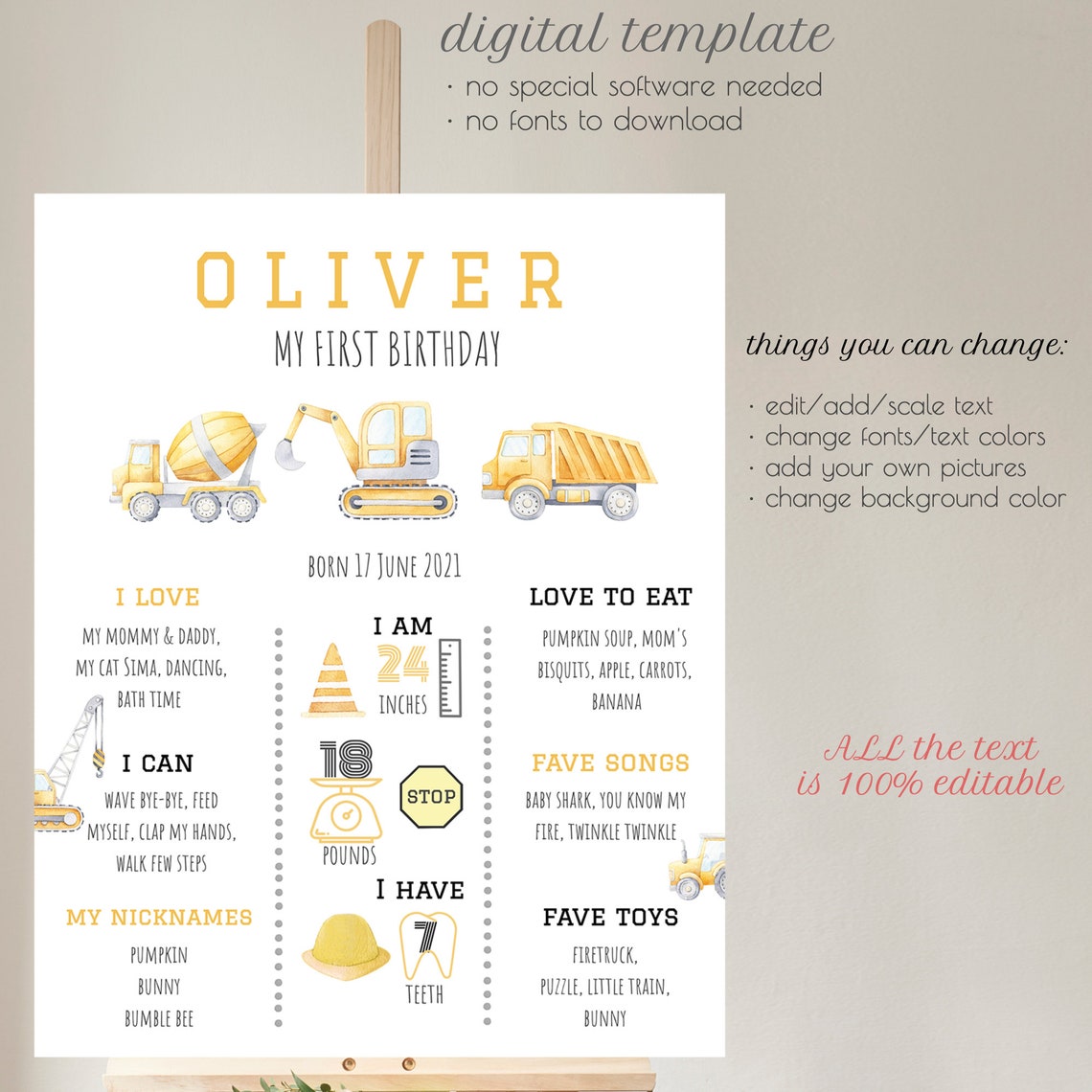 Construction First Birthday Milestones Sign Printable Dump | Etsy