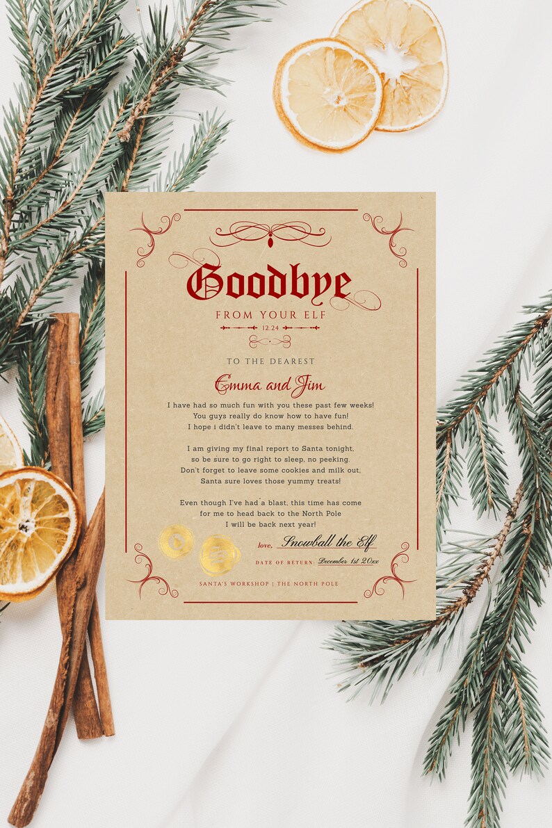 Editable Vintage Elf Goodbye Letter From North Pole Instant - Etsy