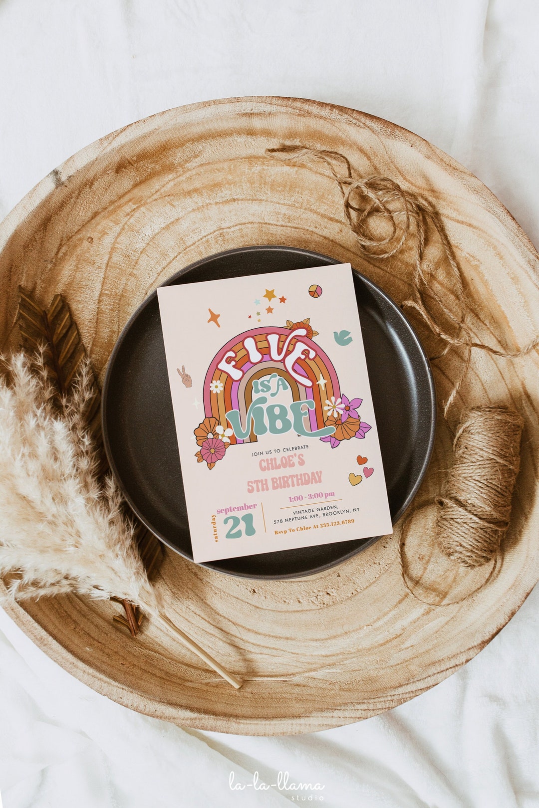 Five is a Vibe Birthday Invitation, Groovy 5th Birthday Invite, Daisy ...