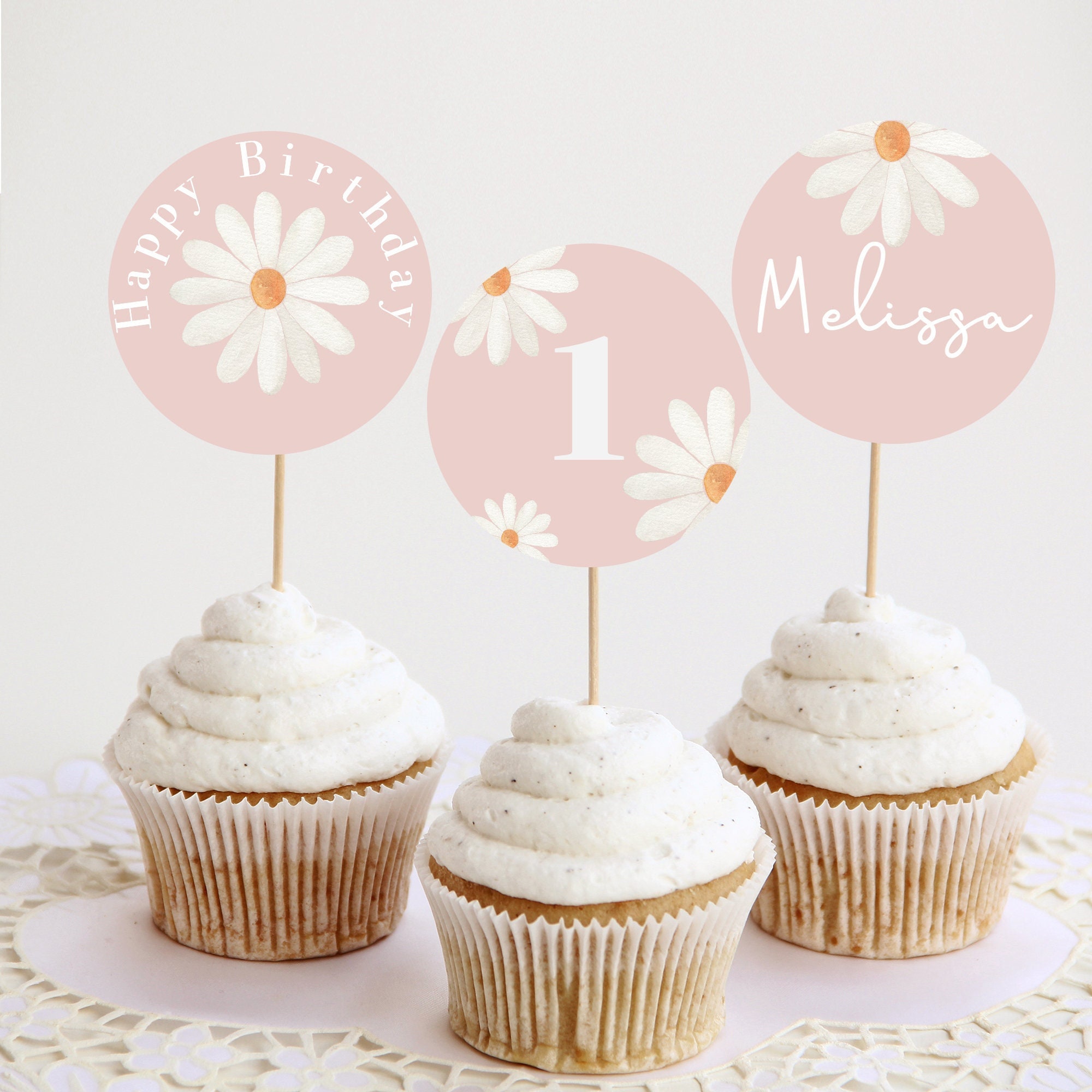 EDITABLE Daisy Birthday Cupcake Toppers Pink Floral Cake | Etsy