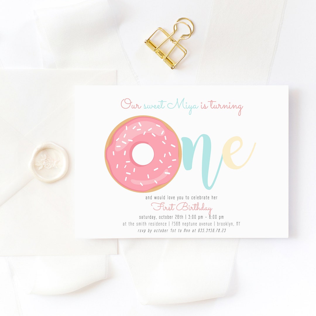 Donut First Birthday Invitation Template Girl Donut Invite - Etsy Canada