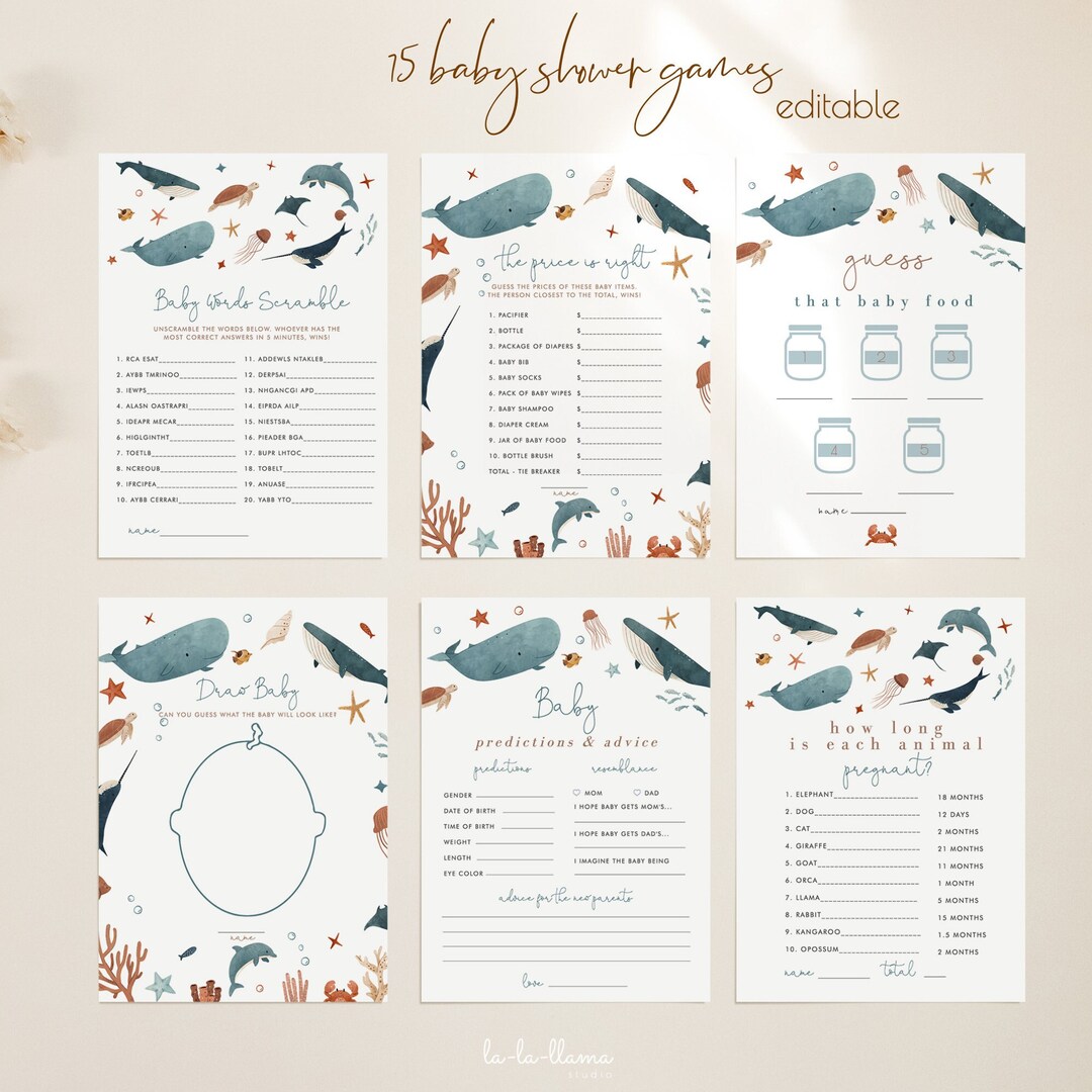 Editable Under the Sea Baby Shower Games Bundle: Ocean Animals (digital ...