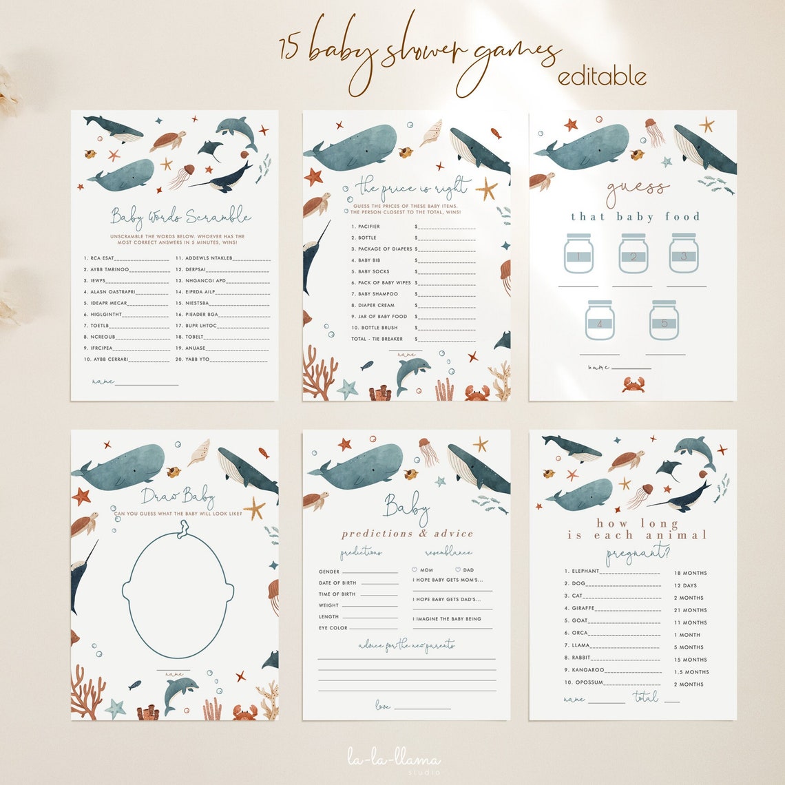 Editable Under the Sea Baby Shower Games Bundle: Ocean Animals (digital ...