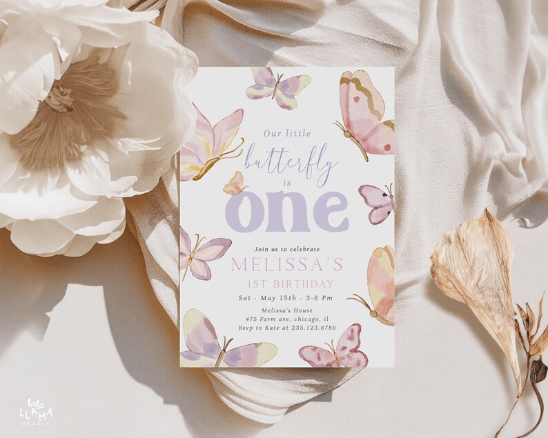 Butterfly 1st Birthday Invitation: Purple Floral, Editable Template ...