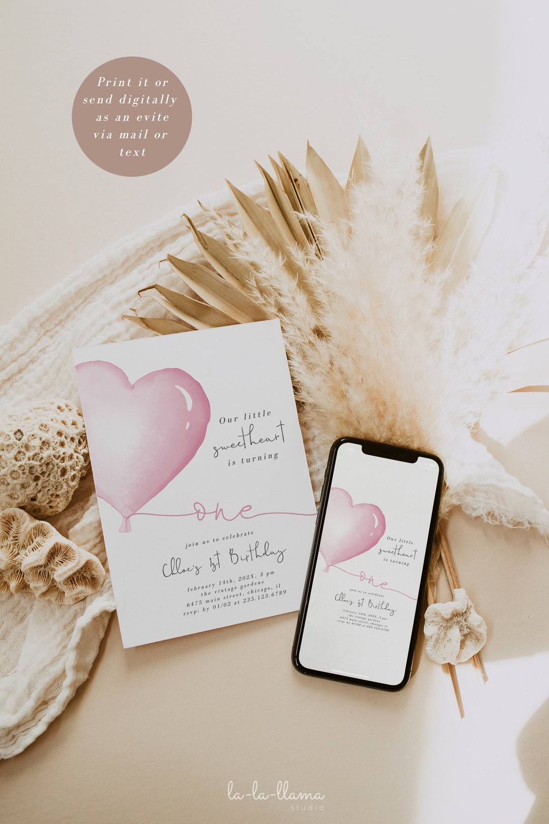 Editable Valentine's Heart Birthday Invitation, Sweetheart Balloon 1st ...