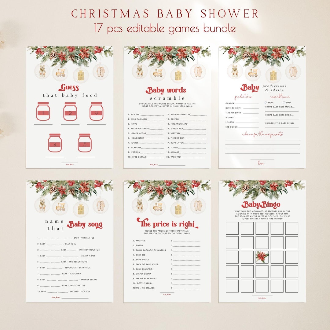 Christmas Baby Shower Game Bundle Editable, Merry Little Baby Shower ...