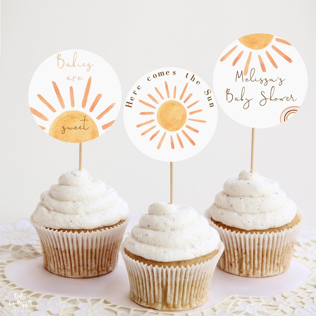 EDITABLE Sun Baby Shower Cupcake Toppers, Here Comes the Sun Cake ...