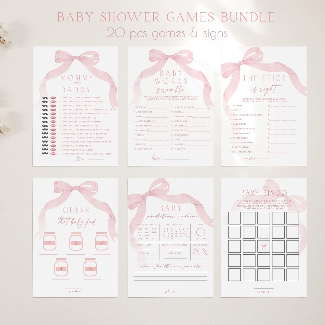 Pink Bow Baby Shower Game Bundle Editable, Pink Coquette Baby Sprinkle ...