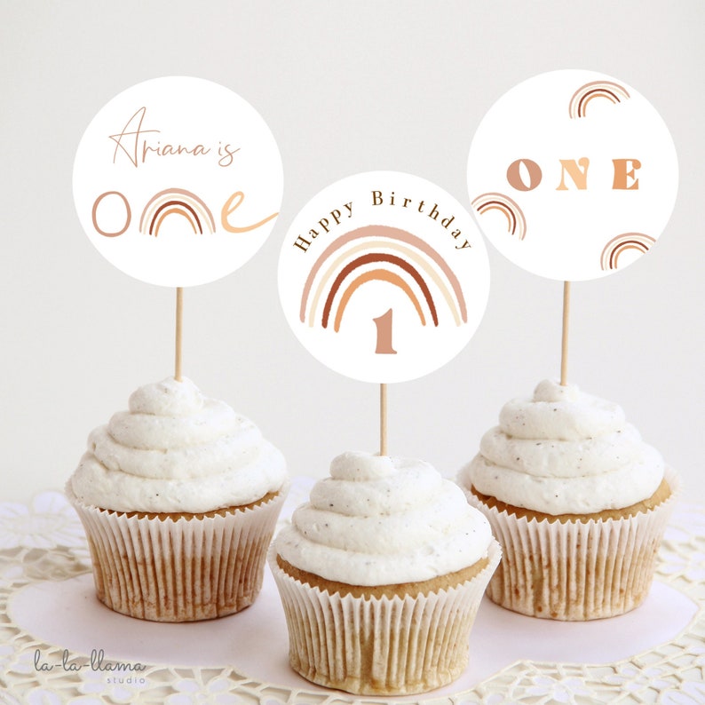EDITABLE Boho Rainbow Birthday Cupcake Toppers Muted Rainbow - Etsy UK