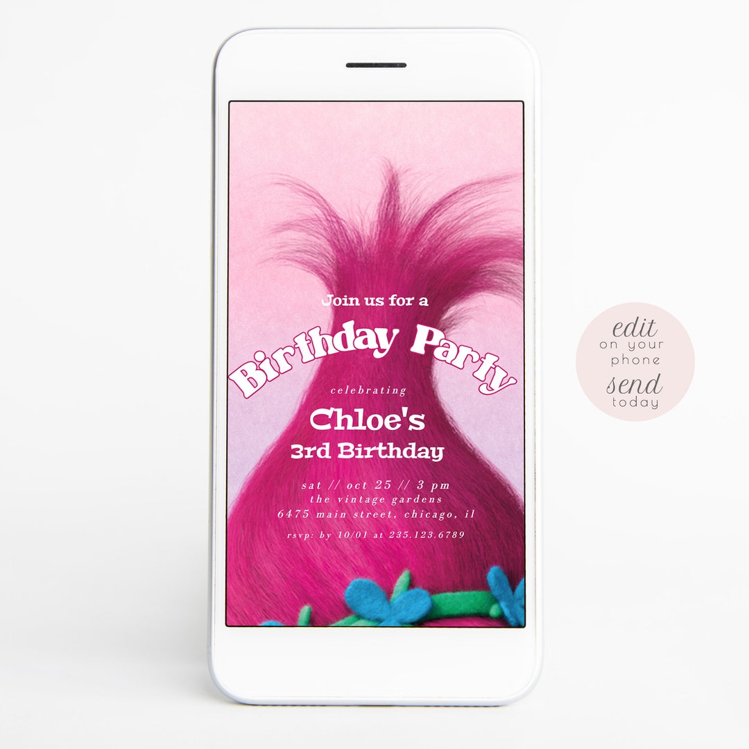 Editable Troll Birthday Evite, Troll Party Digital Invitation, Calling ...