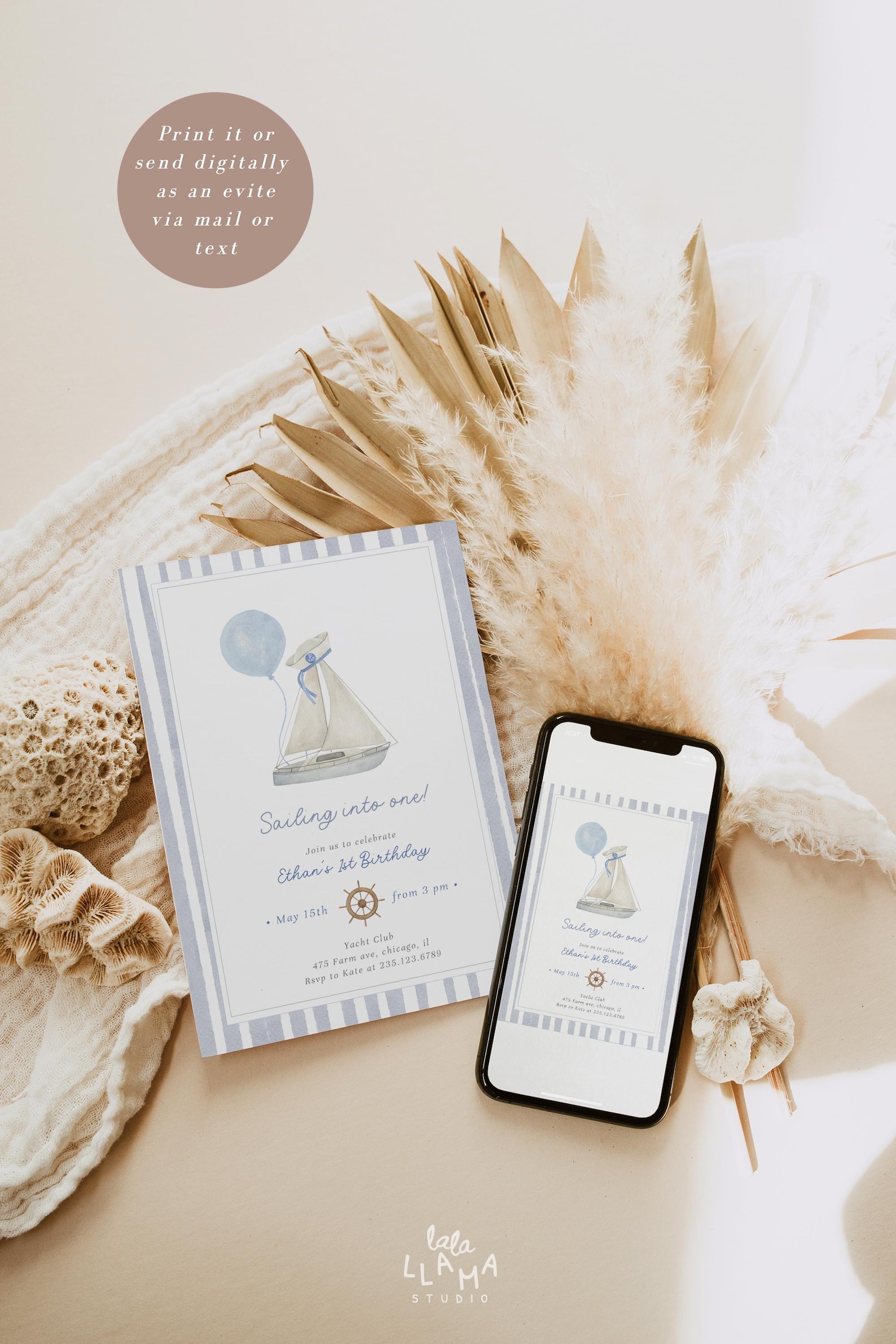 Little Sailor 1st Birthday Invitation Editable, Nautical Sailing Into ...