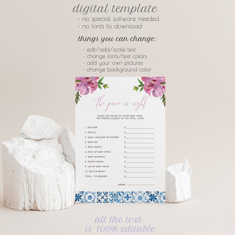 Bougainvillea Baby Shower Games Bundle: Italian Blue Tiles and Pink ...