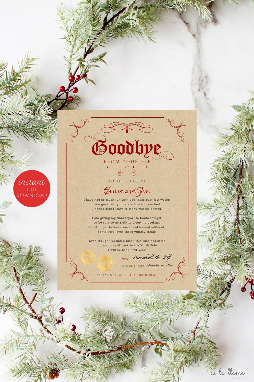 Editable Vintage Elf Goodbye Letter From North Pole Instant Download ...
