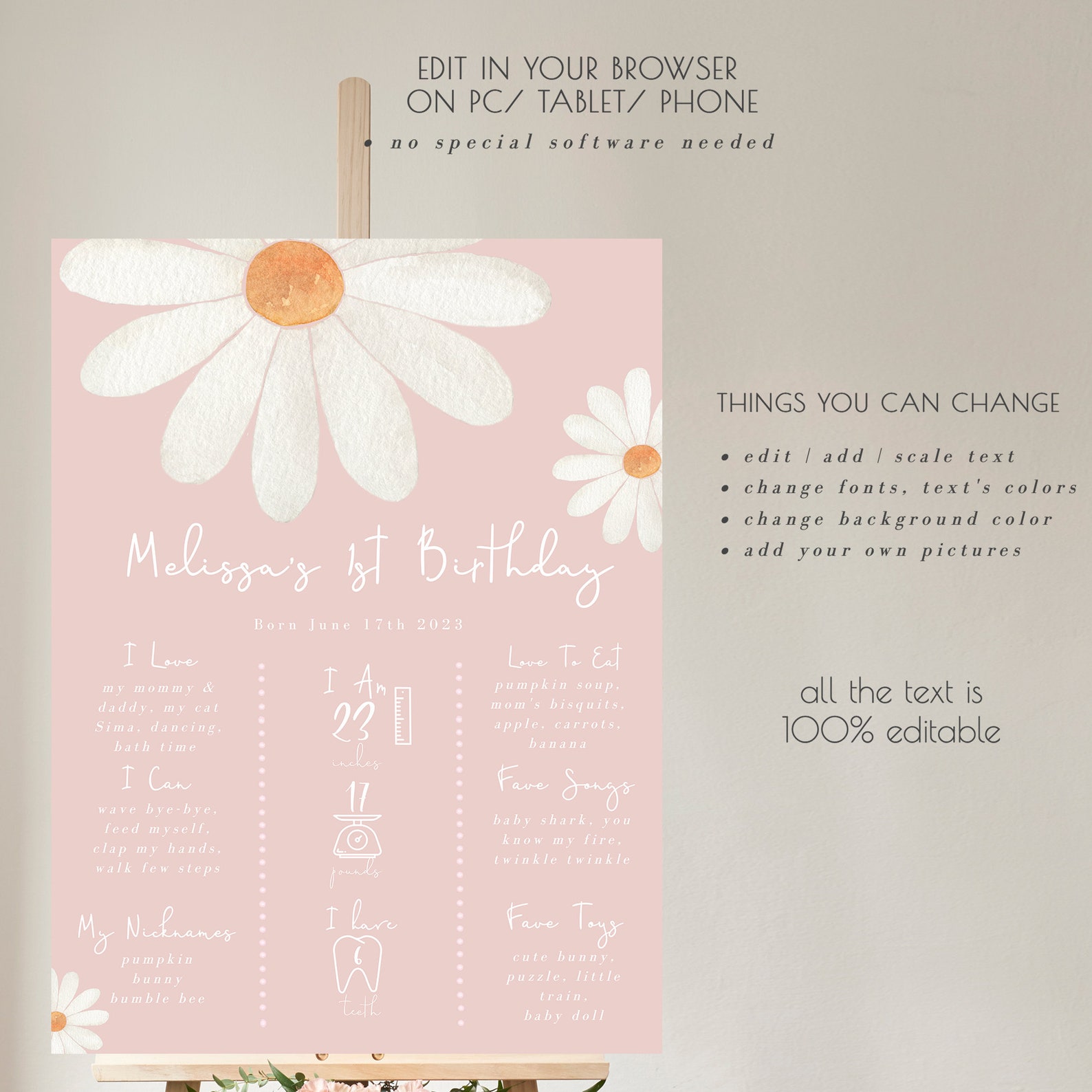 Daisy First Birthday Milestones Sign Printable, Boho Daisy Chalkboard ...