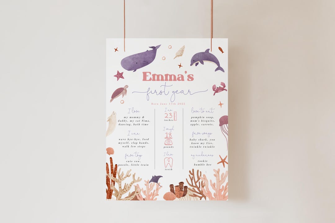 Oneder the Sea Girl First Birthday Milestones Sign Editable, Under the ...