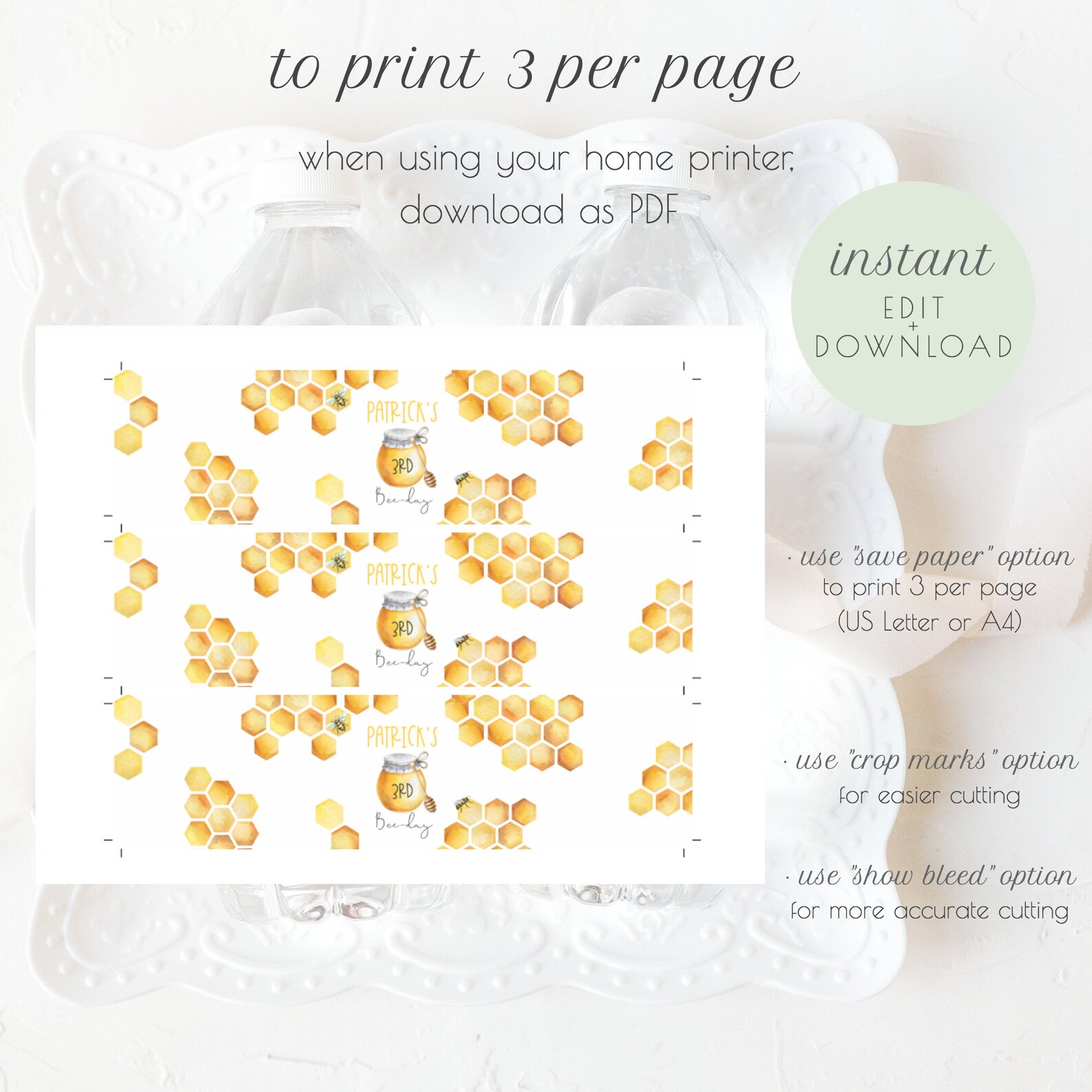 Honey Bee Water Bottle Labels EDITABLE Honeycomb First - Etsy