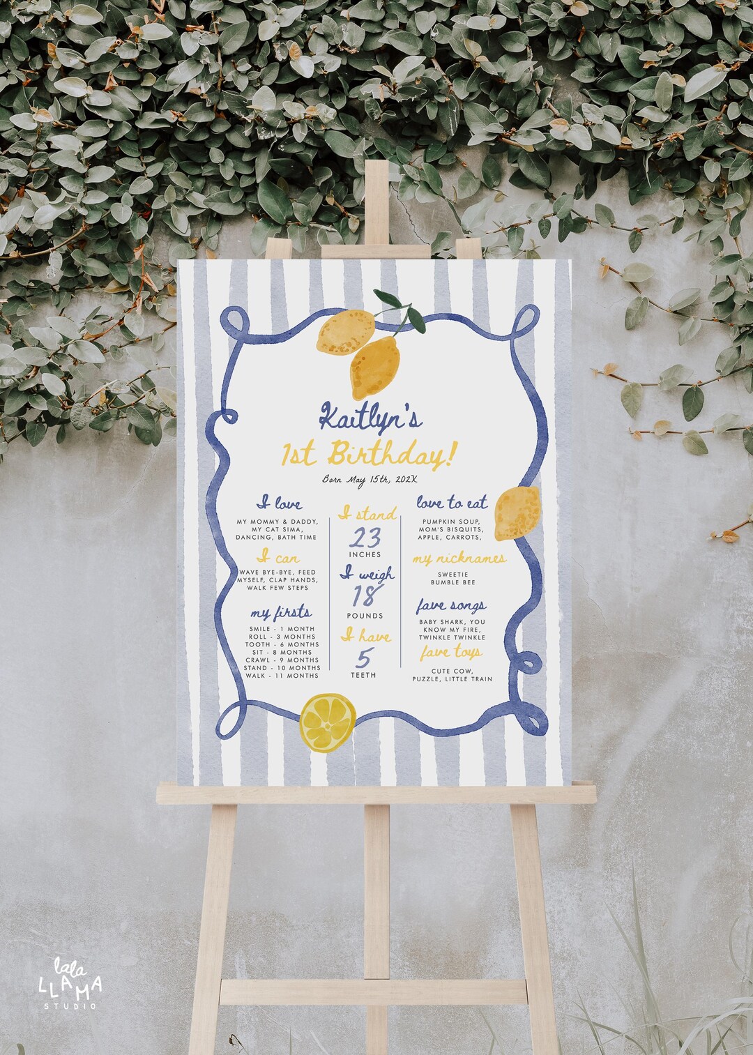 Italian First Birthday Milestones Sign, Lemon Blue Stripes My First ...