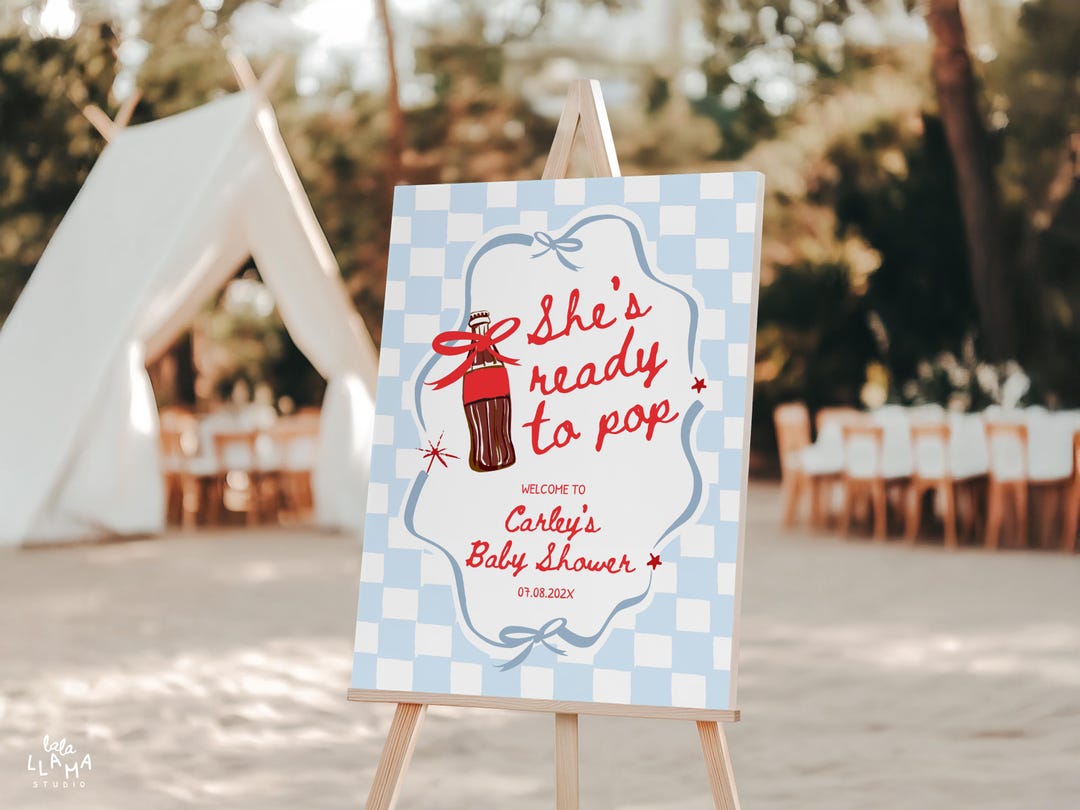 She's Ready to Pop Baby Shower Welcome Sign: Blue Check & Soda ...