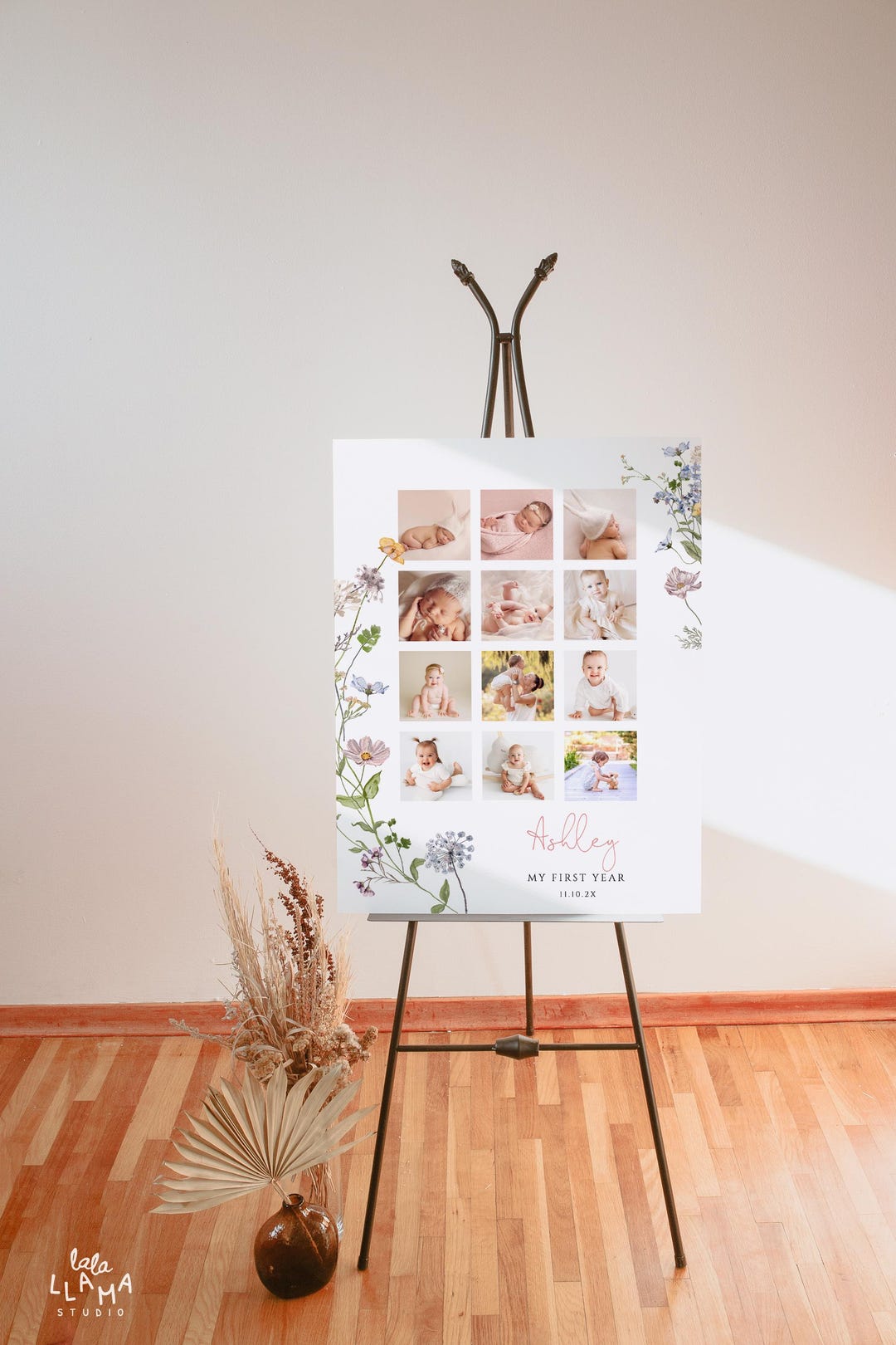 Wildflower 1st Year Photo Collage: Floral Monthly Photo Milestones ...