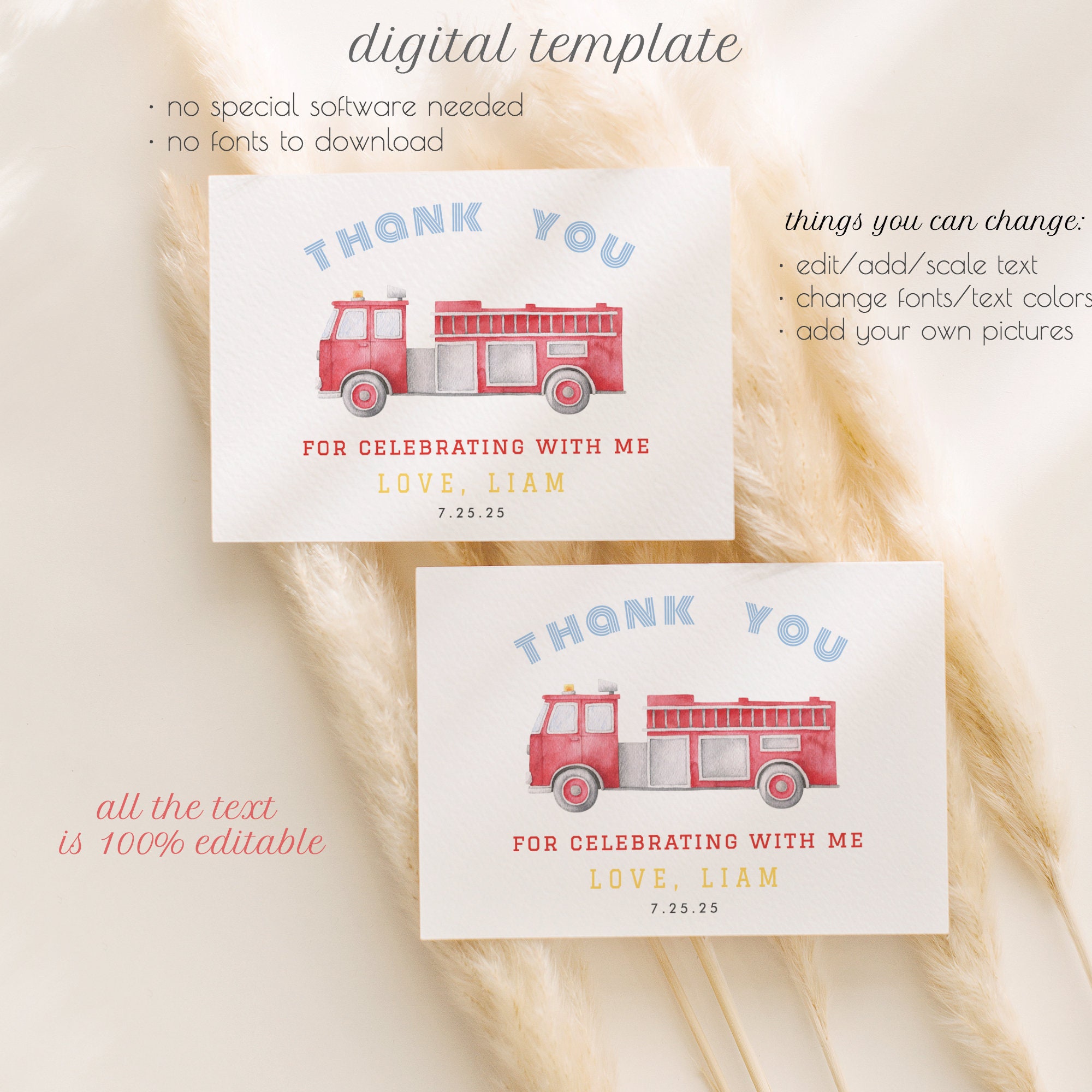 Firetruck Thank You Card Template Firefighter Thank You Card - Etsy