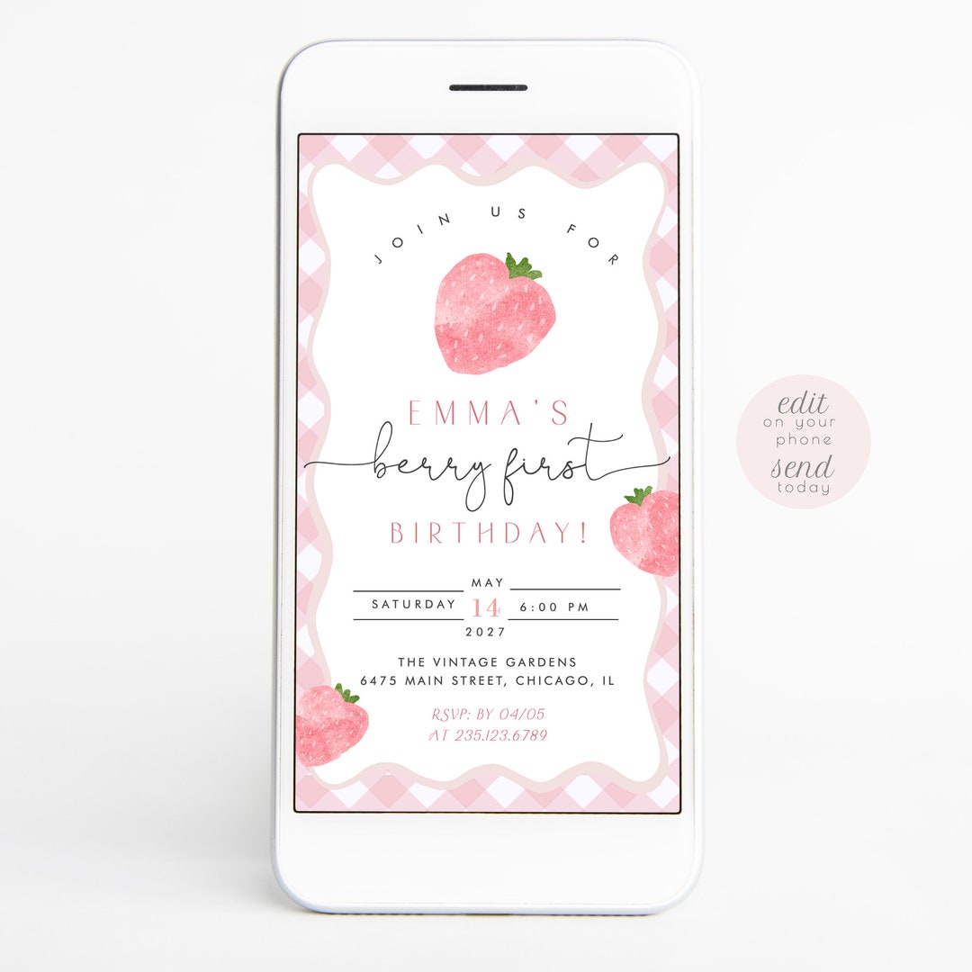 Editable Berry First Birthday Evite, Strawberry 1st Birthday Digital ...