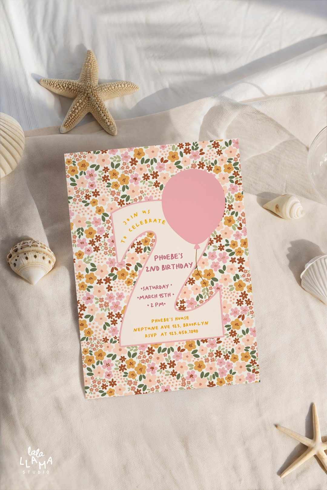 Floral 2nd Birthday Invitation: Wildflower Number & Balloon Theme ...