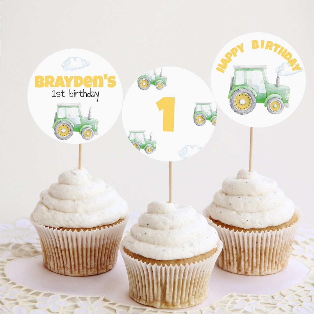 EDITABLE Tractor Birthday Cupcake Toppers, Farm Cake Toppers, Green ...
