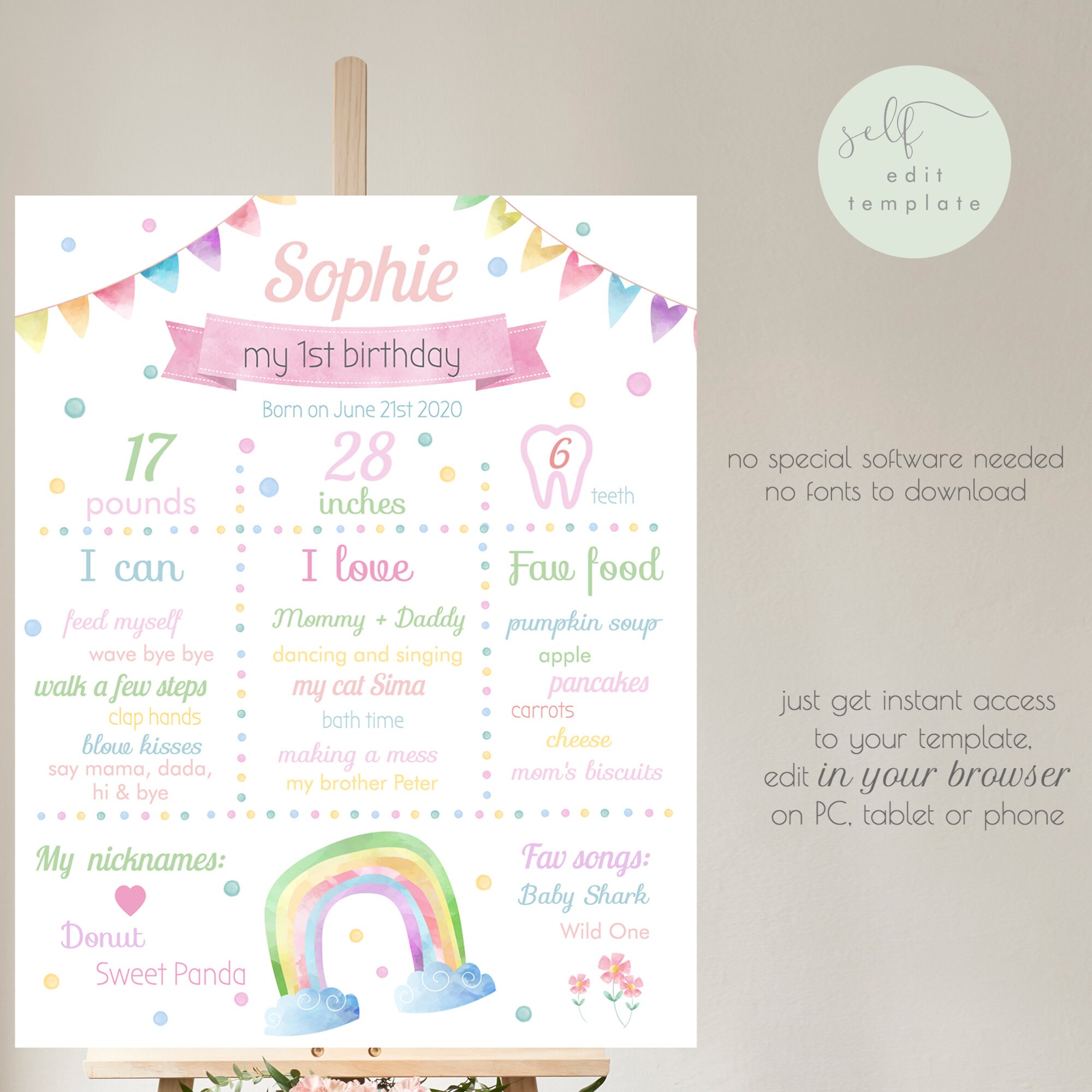 Rainbow First Birthday Milestones Board Printable Pastel | Etsy