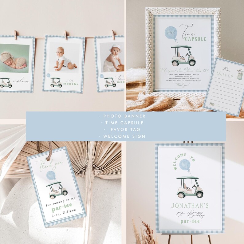 Golf 1st Birthday Invitation Bundle: Blue Gingham Par-tee Decor ...