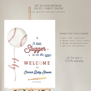 Editable Baseball Baby Shower Welcome Sign, A Little Slugger Baby ...