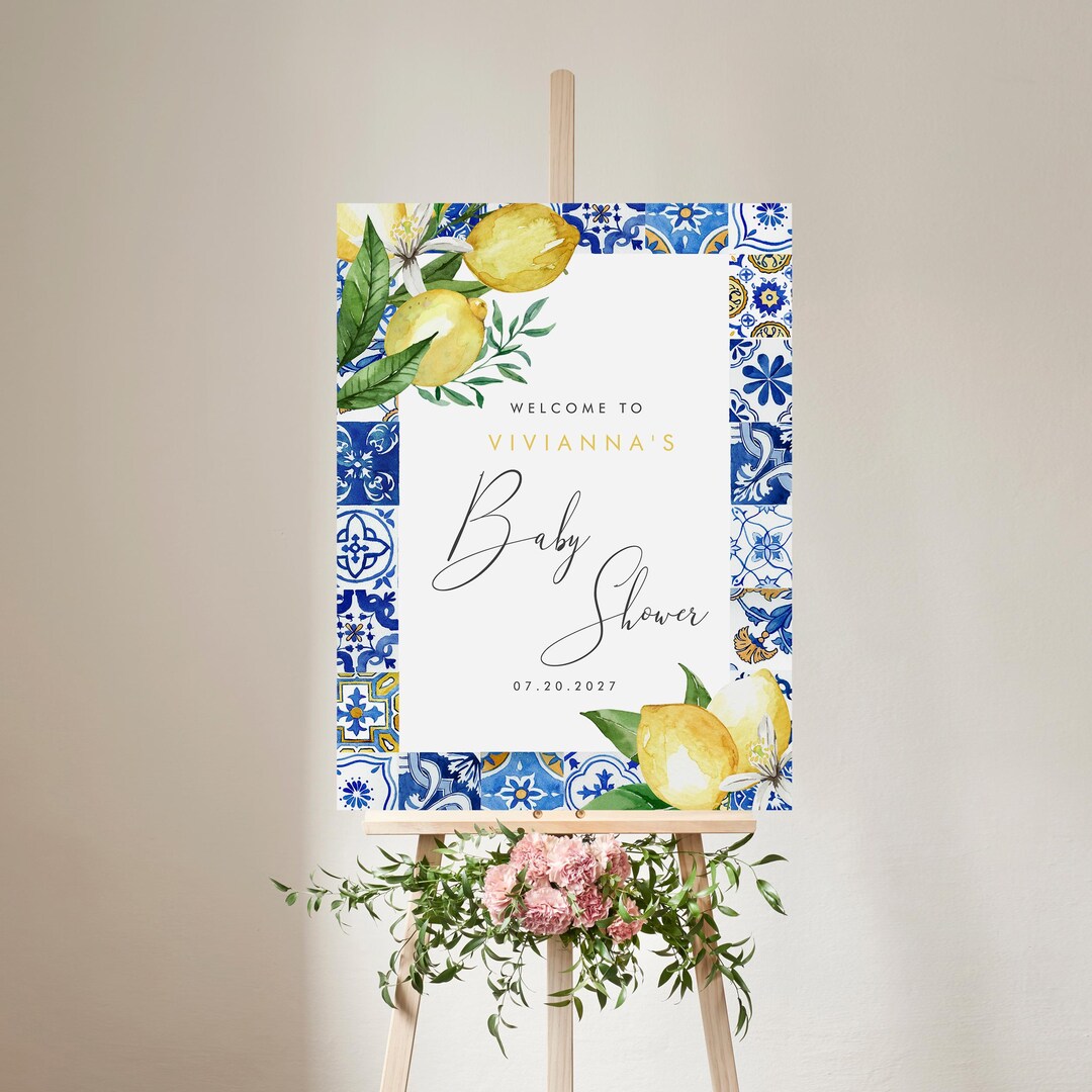 Italian Baby Shower Welcome Sign, Blue Tiles Lemons Baby Sprinkle ...