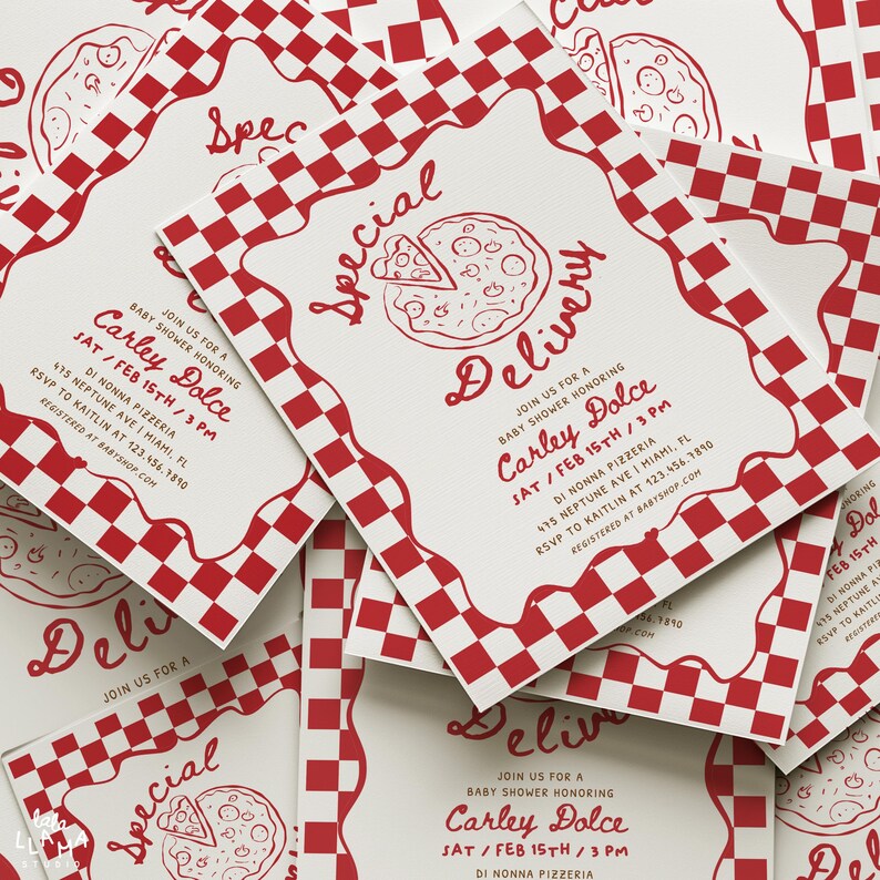 Special Delivery Baby Shower Invitation: Italian Pizza & Red Check ...