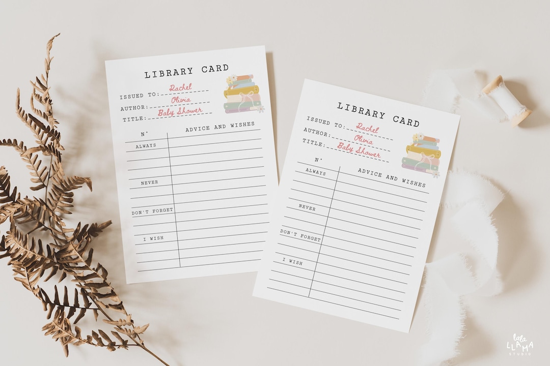 Library Card Baby Shower Advice: Book Theme Wishes for Girl (editable ...