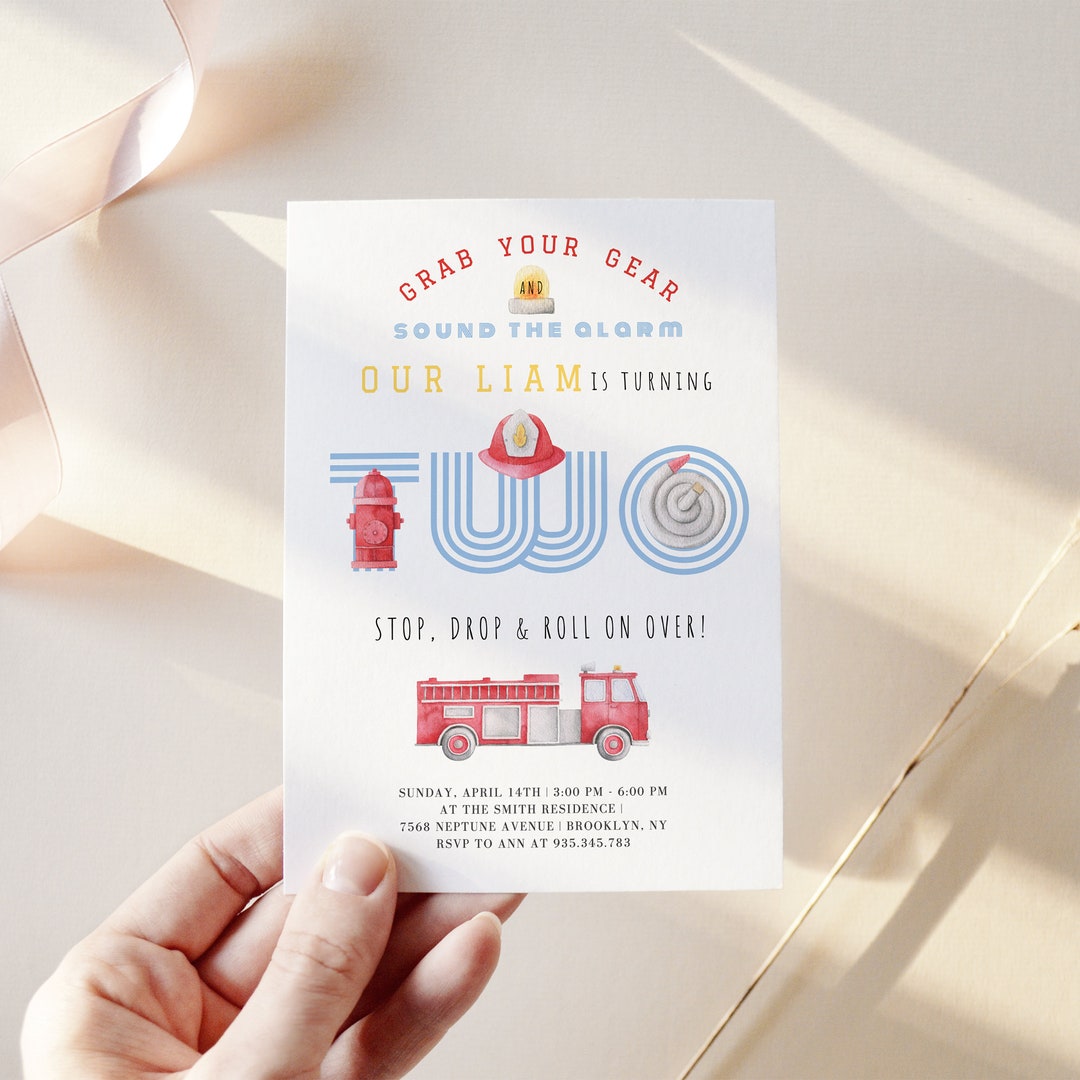 Firetruck 2nd Birthday Invitation, Fire Department Invite, Fireman ...