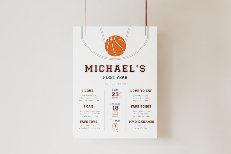 Basketball First Birthday Milestones Sign Printable, Modern Sports ...