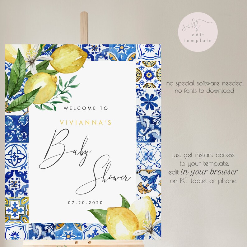 Italian Baby Shower Welcome Sign, Blue Tiles Lemons Baby Sprinkle ...