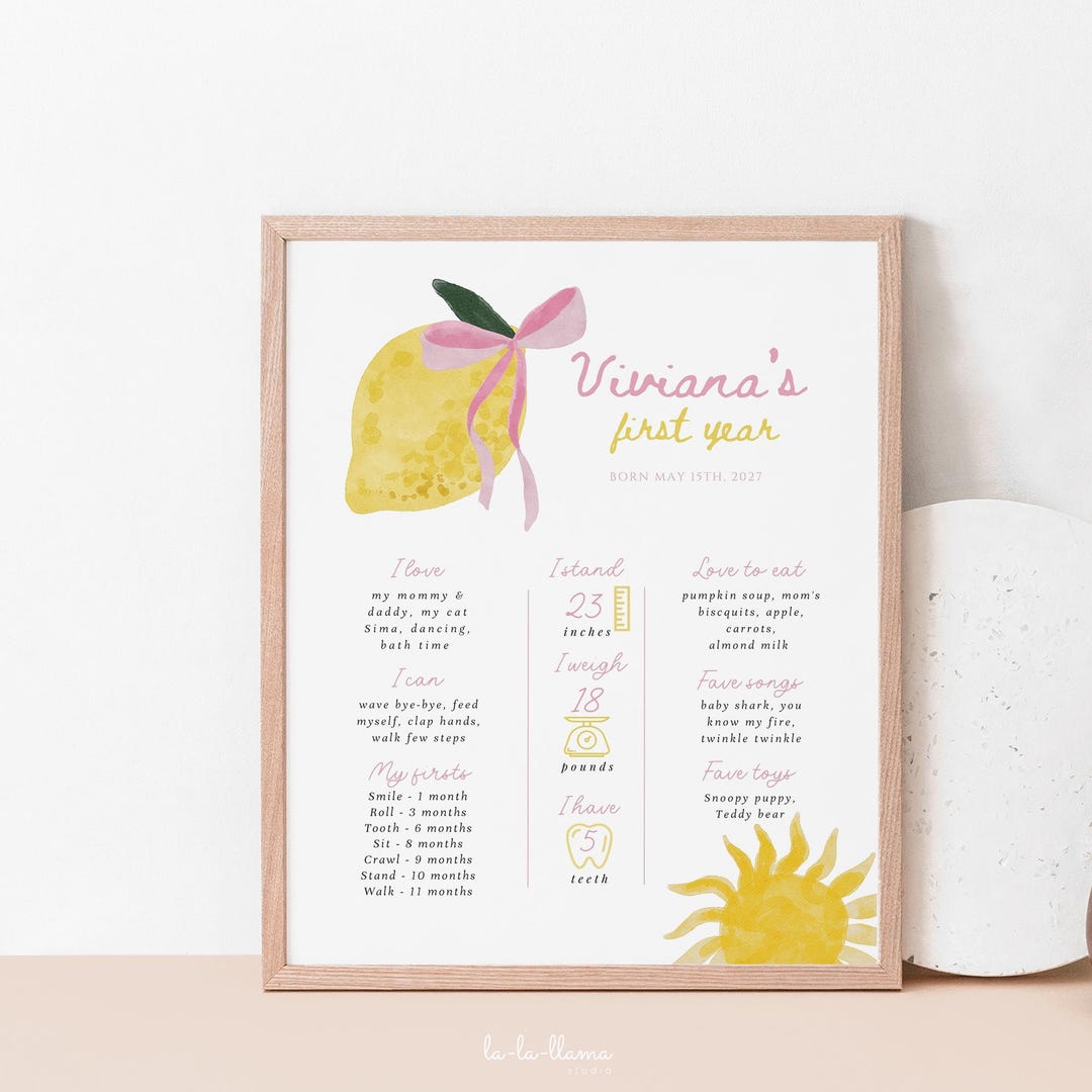 Pink Lemonade First Birthday Milestones Sign Editable, Bow Lemon My ...