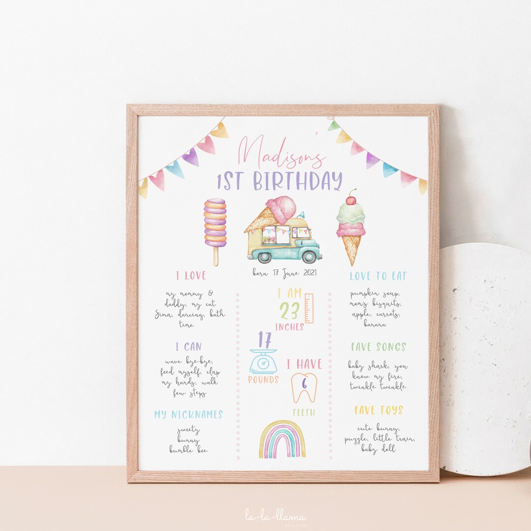 Ice Cream First Birthday Milestones Sign: Popsicle Baby Stats Poster ...
