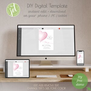 Editable Valentine's Heart Birthday Invitation, Sweetheart Balloon 1st ...