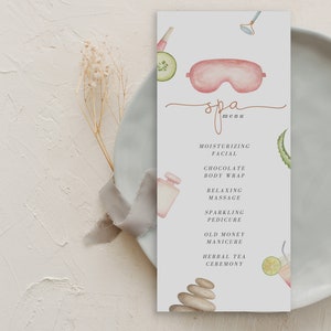 Editable Spa Menu Template, Glam Spa Birthday Menu Cards, Spa Party ...