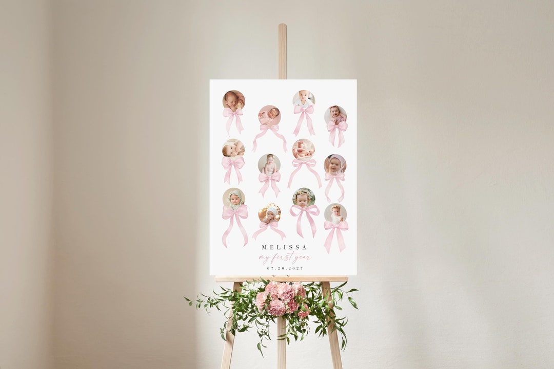 Bow First Year Photo Collage Template, Pink Ribbon 12 Months Photo Wall ...