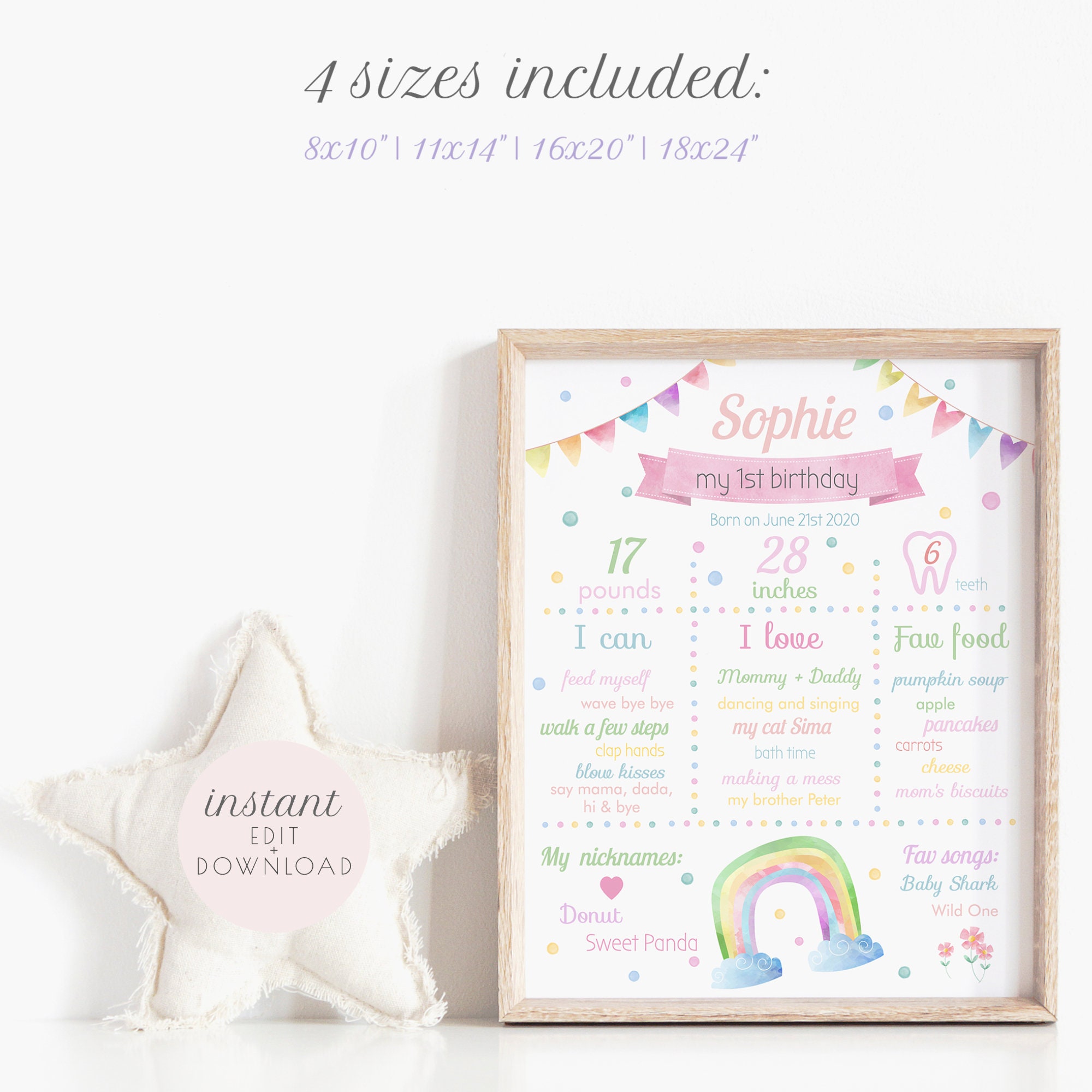 Rainbow First Birthday Milestones Board Printable Pastel | Etsy
