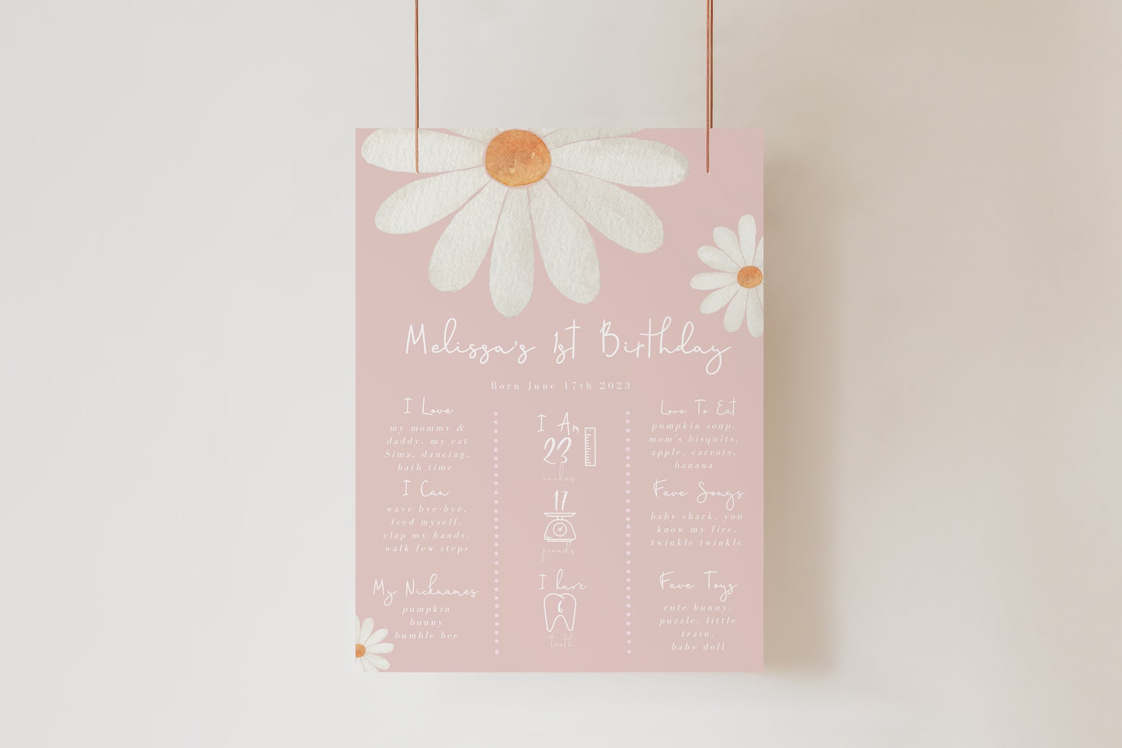 Daisy First Birthday Milestones Sign: Floral Baby Stats Poster ...