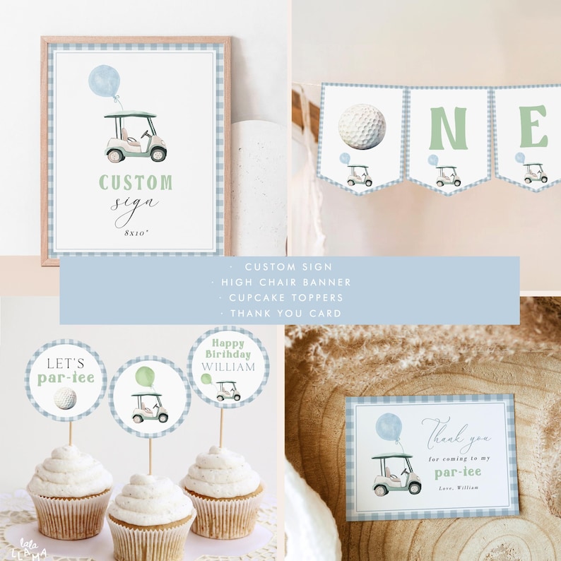 Golf 1st Birthday Invitation Bundle: Blue Gingham Par-tee Decor ...